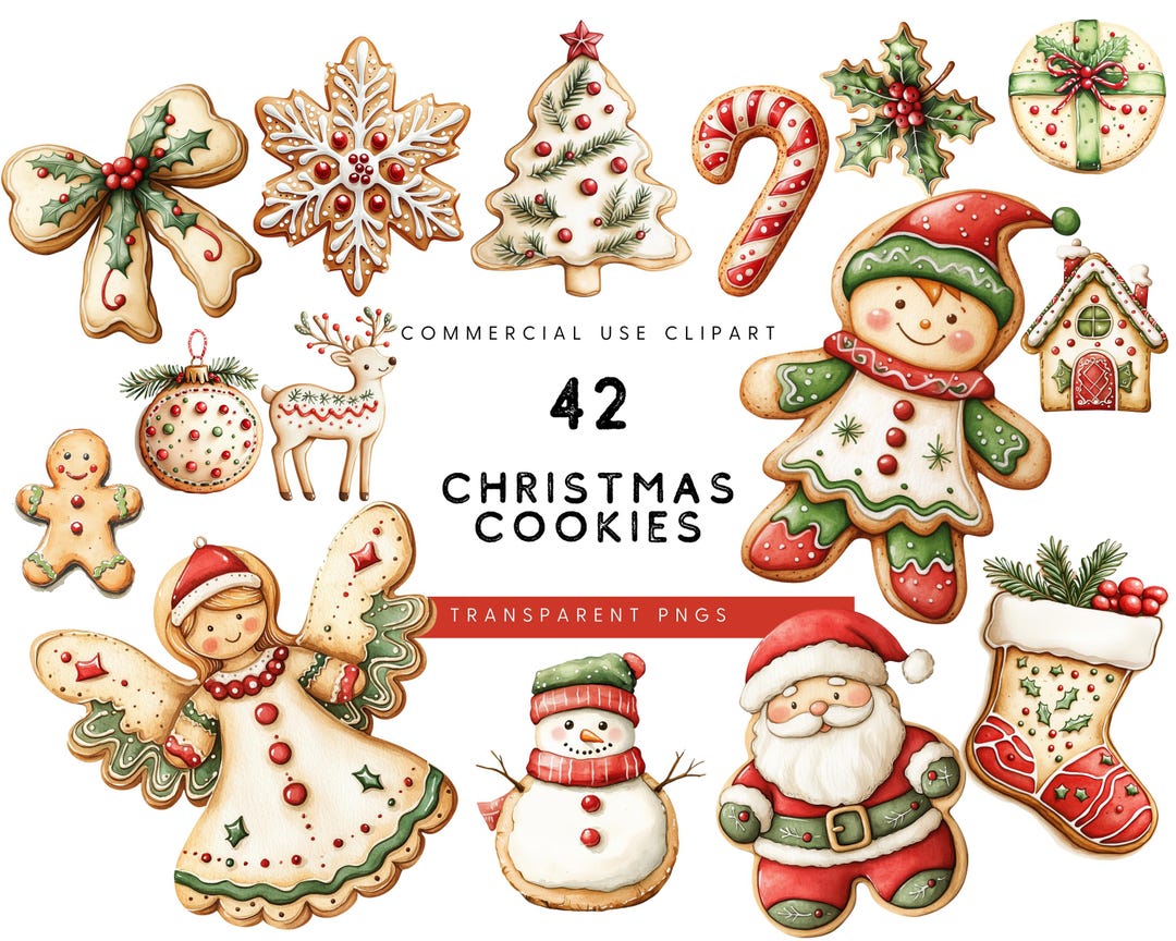 Watercolor Christmas Cookies Clipart: 42 PNG Designs (commercial Use ...