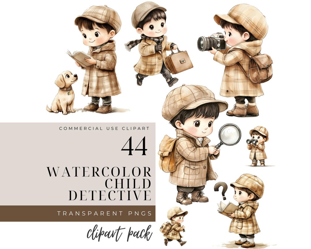 Watercolor Clipart Detective, Watercolor Child Detective Clipart, Boy ...