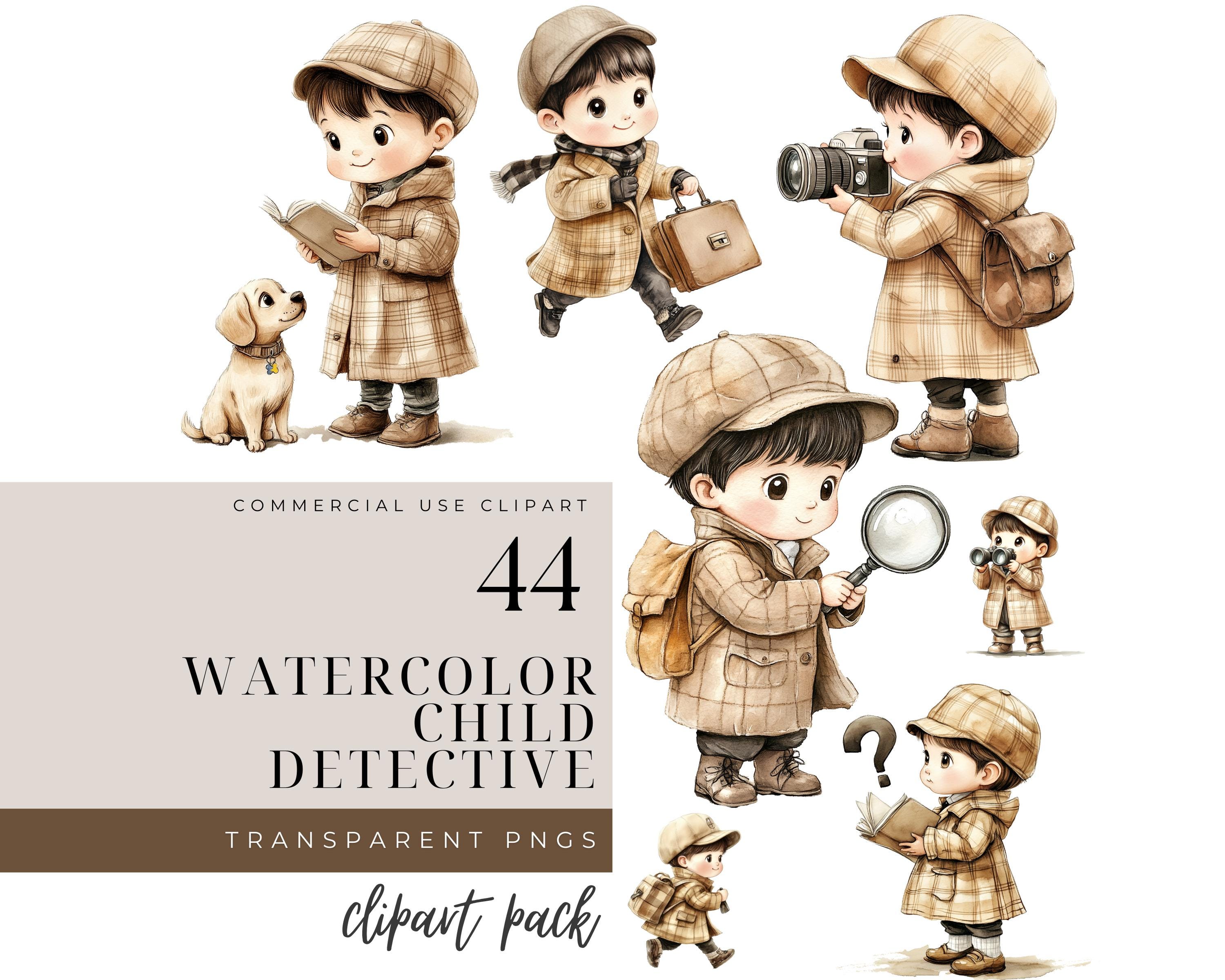 Watercolor Clipart Detective, Watercolor Child Detective Clipart, Boy ...
