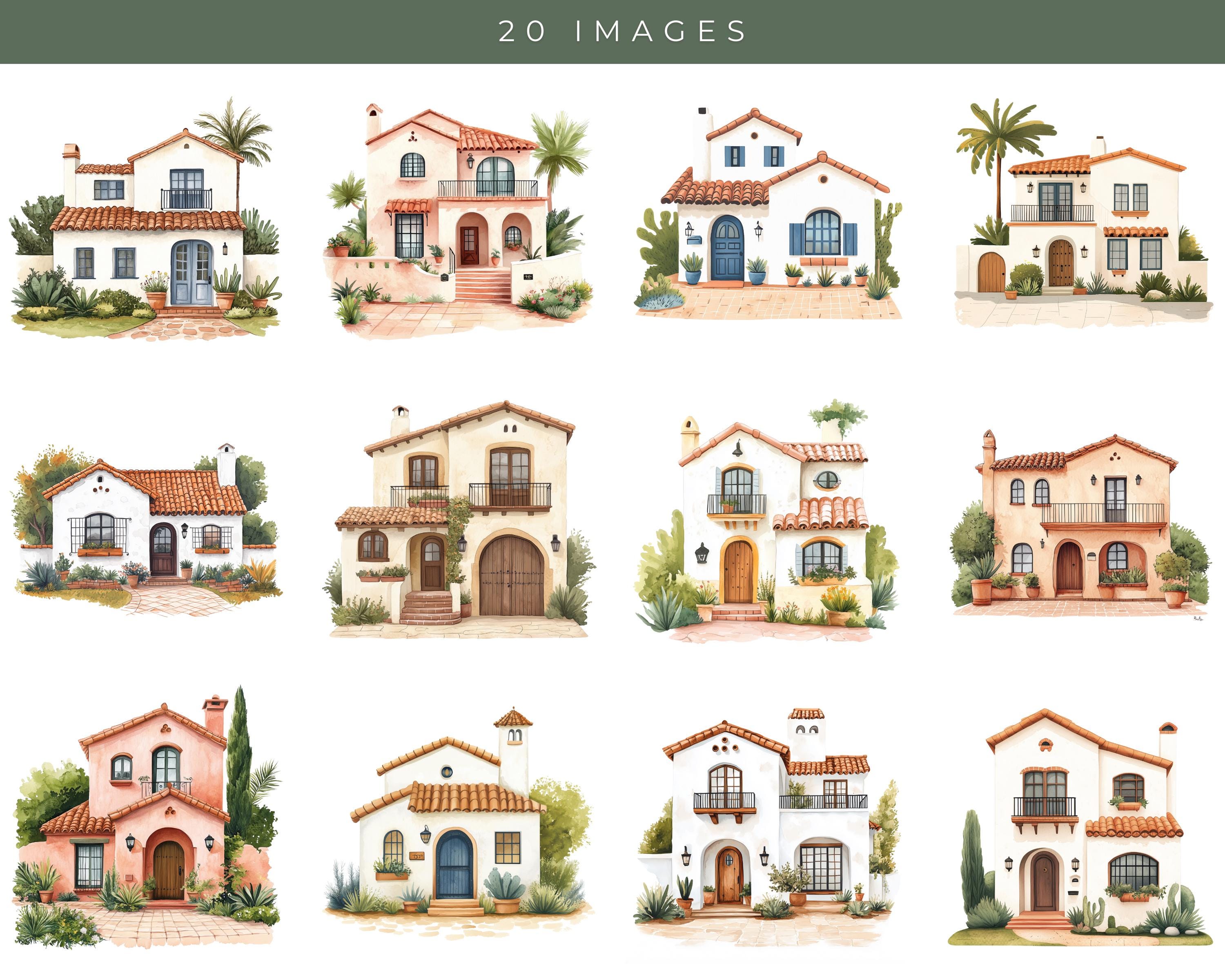 Watercolor Spanish House Clipart: Hacienda & Casita Pngs (commercial ...