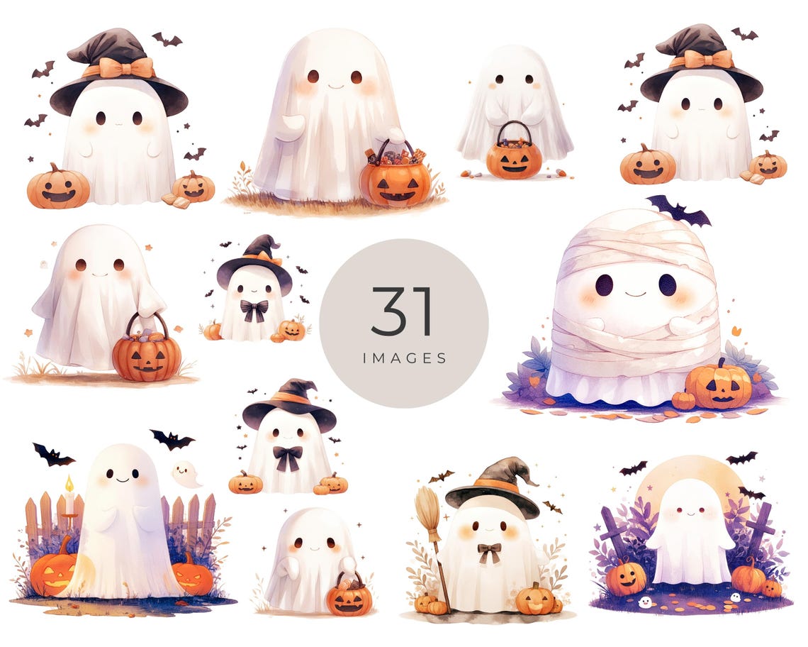 Halloween Ghosts Clipart, Cute Ghosts Clipart Set, PNG, Watercolor ...