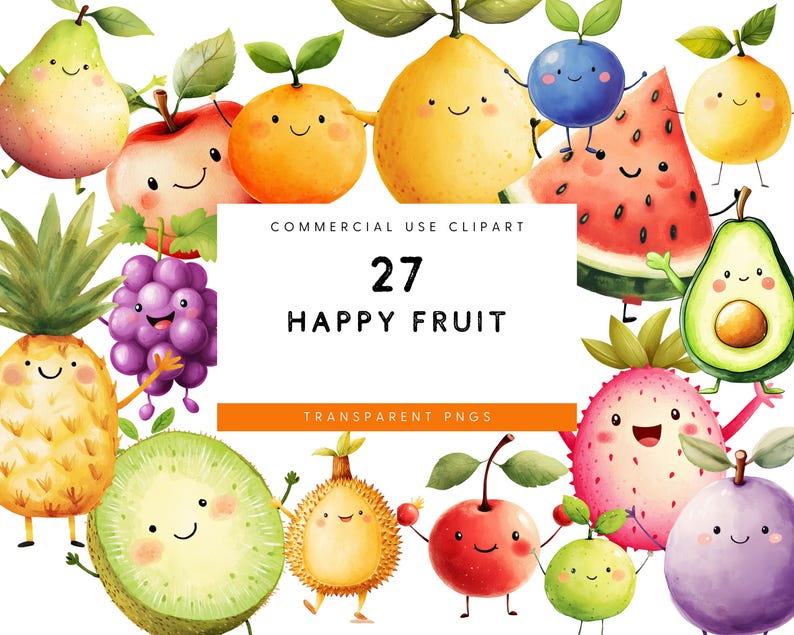 Kawaii Fruit Clipart, Kawaii Fruit PNG, Happy Fruit, Cute Fruits ...