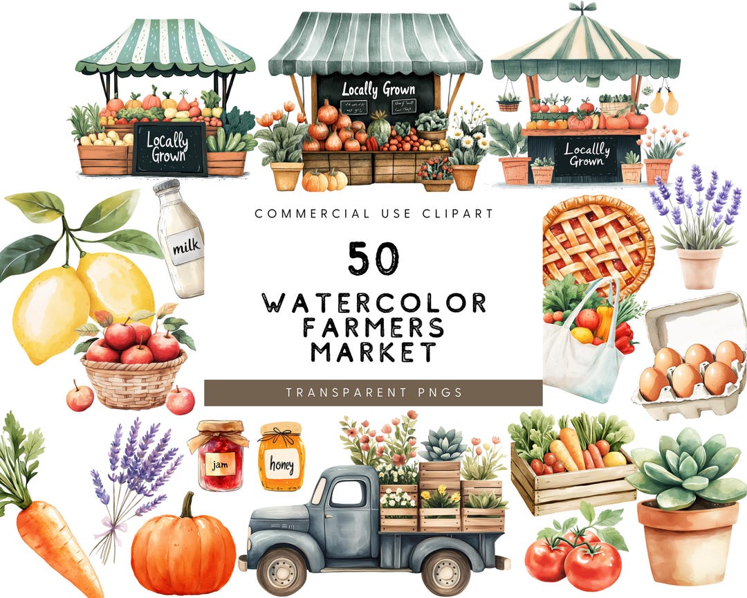 Watercolor Farmers Market Clipart: Fruit, Vegetables, Flowers (PNG) - Etsy