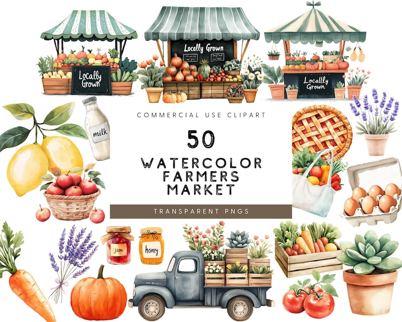 Watercolor Farmers Market Clipart: Fruit, Vegetables, Flowers (PNG) - Etsy