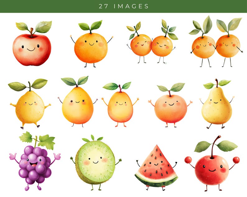 Kawaii Fruit Clipart, Kawaii Fruit PNG, Happy Fruit, Cute Fruits ...