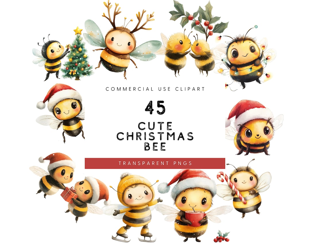 Christmas Bee Clipart, Watercolor Bee Clipart, Cute Bee Png, Cute ...