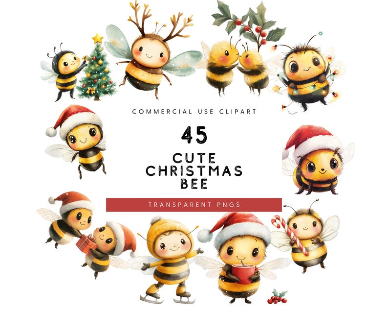 Christmas Bee Clipart, Watercolor Bee Clipart, Cute Bee Png, Cute ...