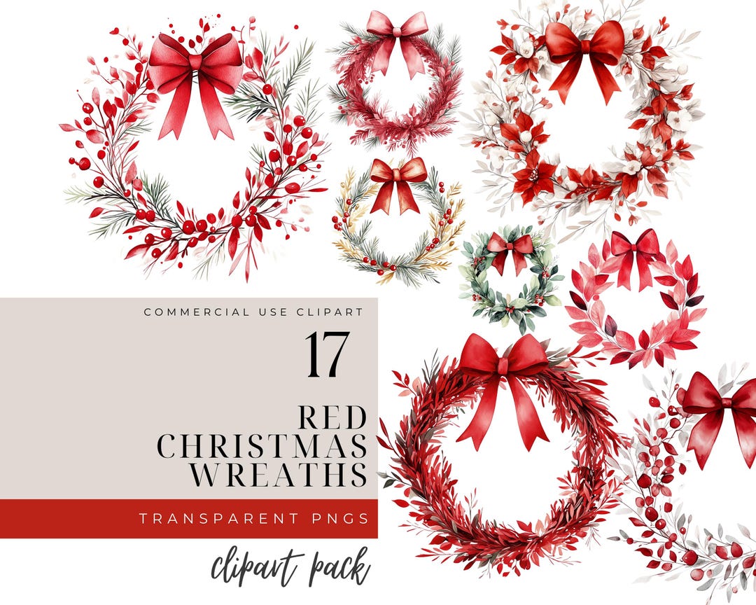 Red Christmas Wreath Clipart, Watercolor Wreaths, Red Wreaths Clipart ...
