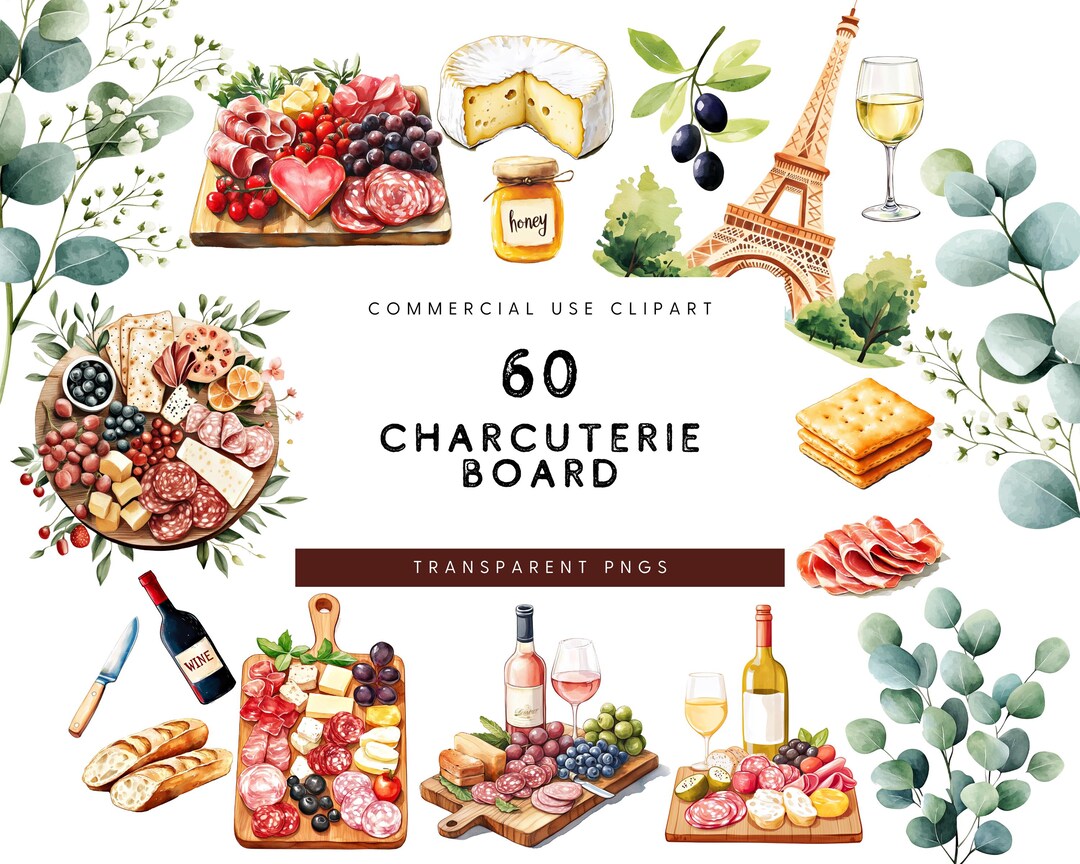 Watercolor Charcuterie Board Clipart: Food & Cheese Graphics (PNG, 300 ...