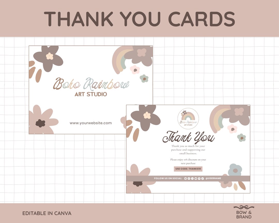 Editable Thank You Card Templates: Boho Rainbow Feminine Branding ...