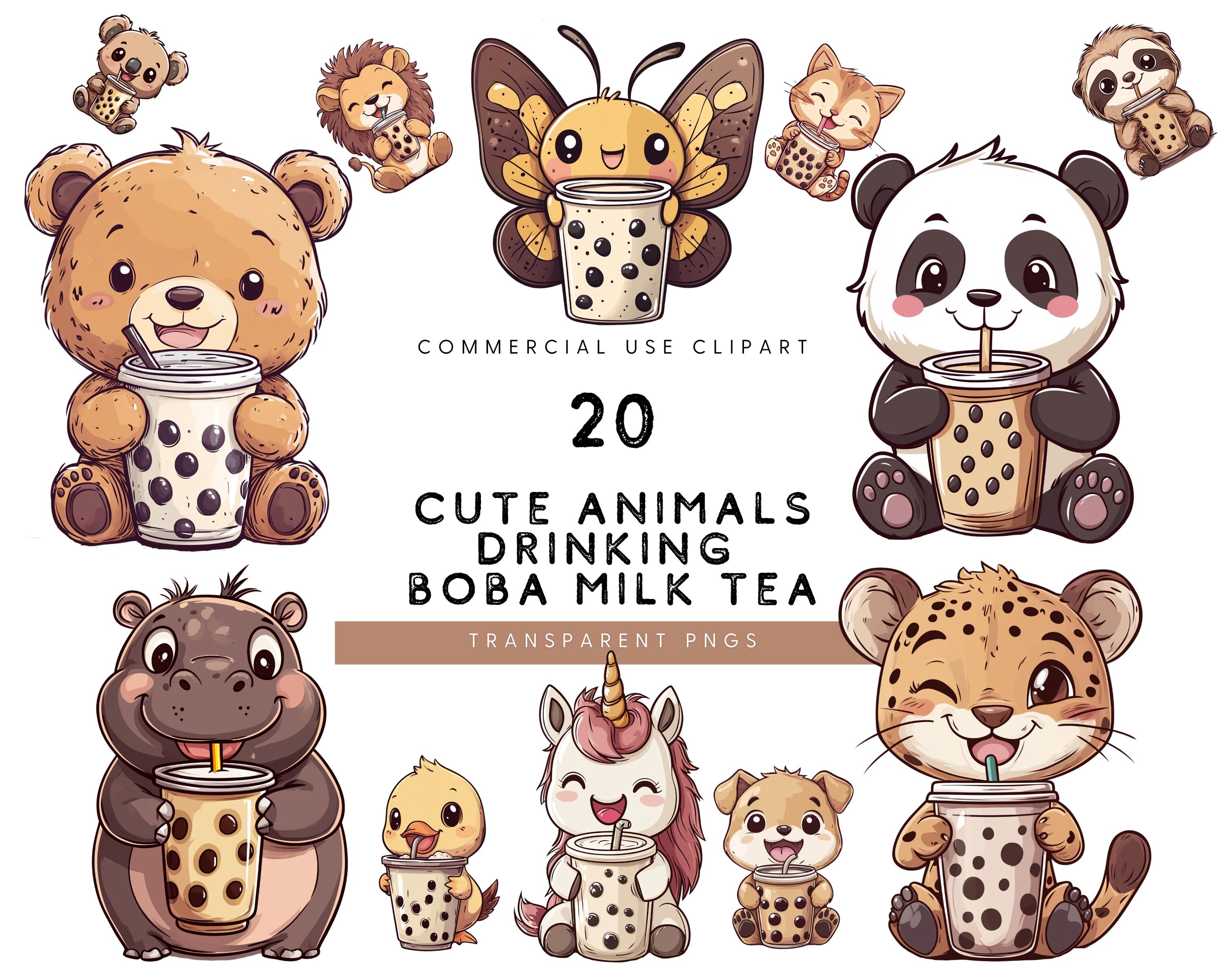Watercolor Animal Boba Tea Clipart: Kawaii PNG Graphics (digital ...