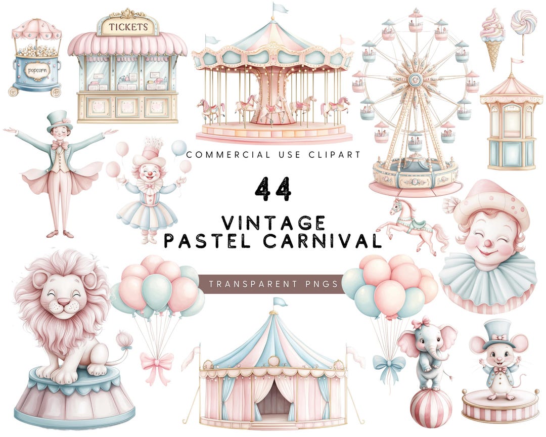 Watercolor Pastel Carnival Clipart: Vintage Circus PNG (digital ...