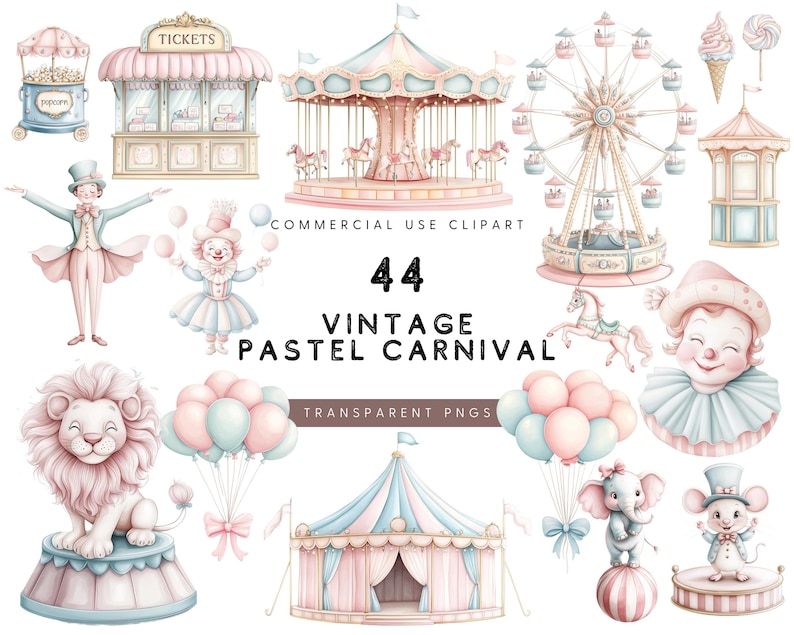 Watercolor Pastel Carnival Clipart: Vintage Circus PNG (digital ...