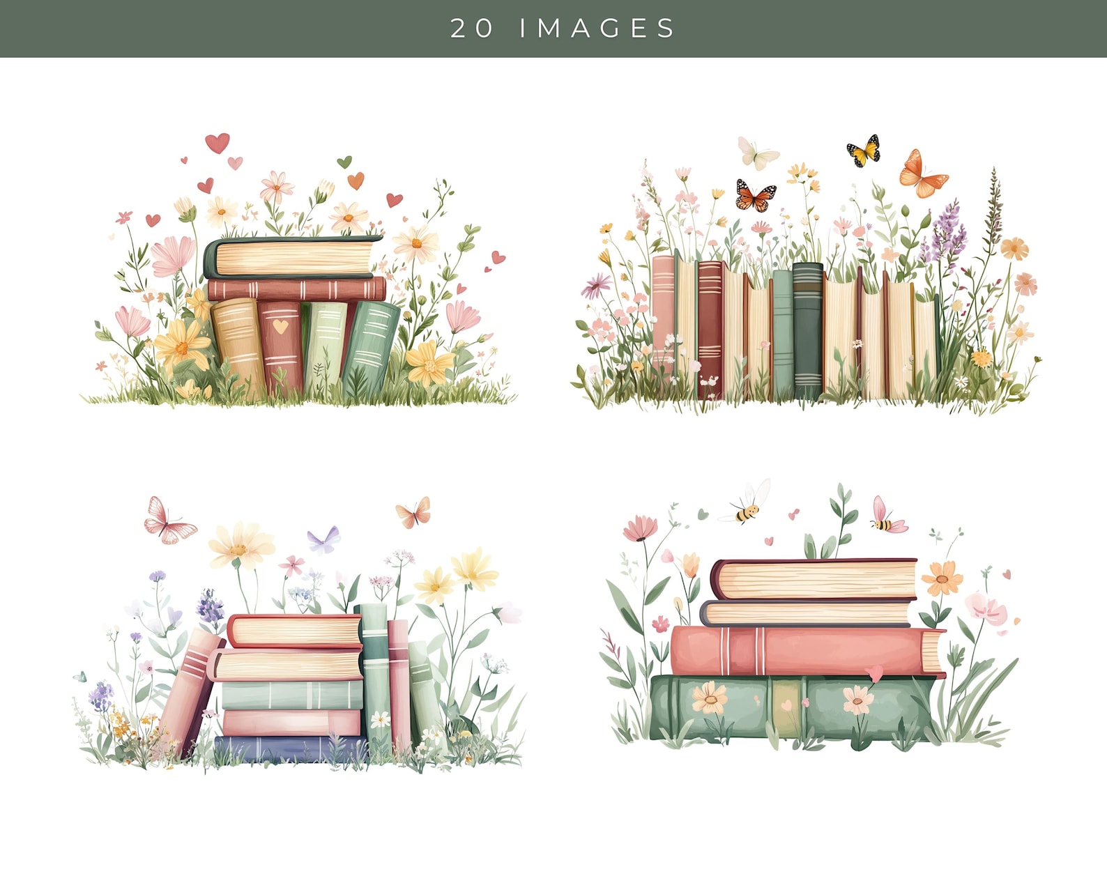 Watercolor Book Stack Clipart: Books and Flowers (commercial Use ...