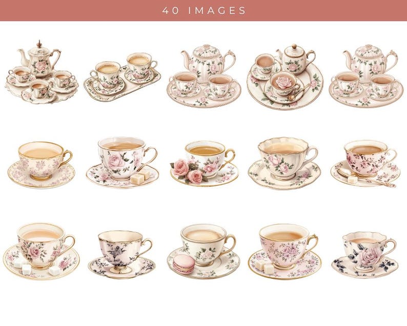 Watercolor Tea Party Clipart: Victorian Teapot Set (PNG, 40 Files ...