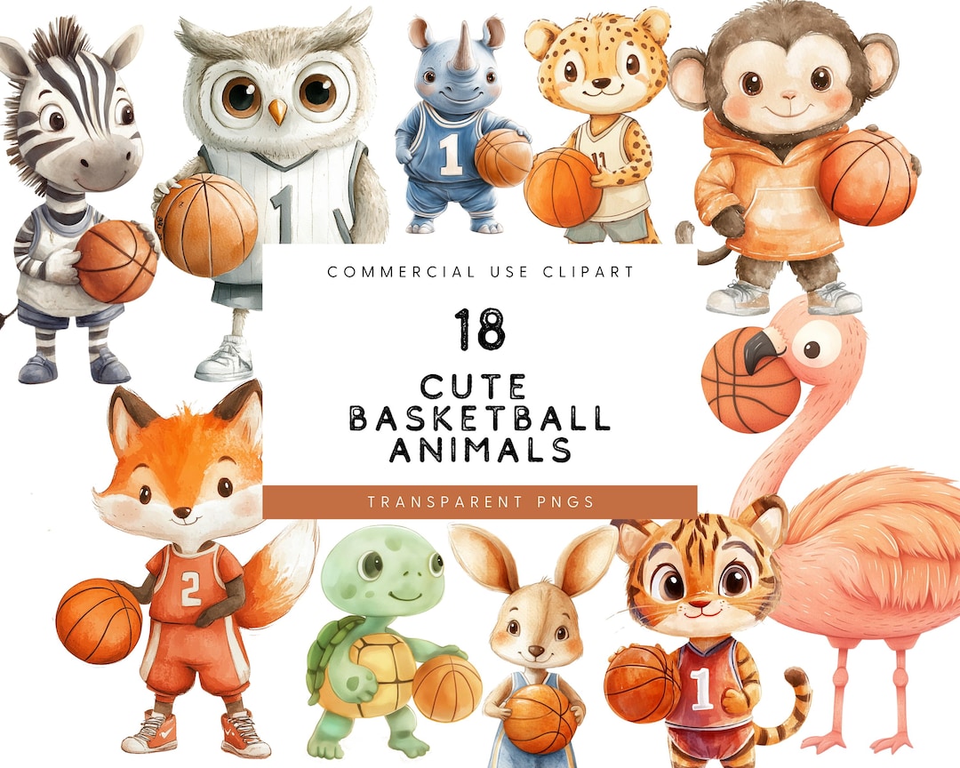 Basketball Animals Clipart, Watercolor Cute Cartoon Sports Nursery ...