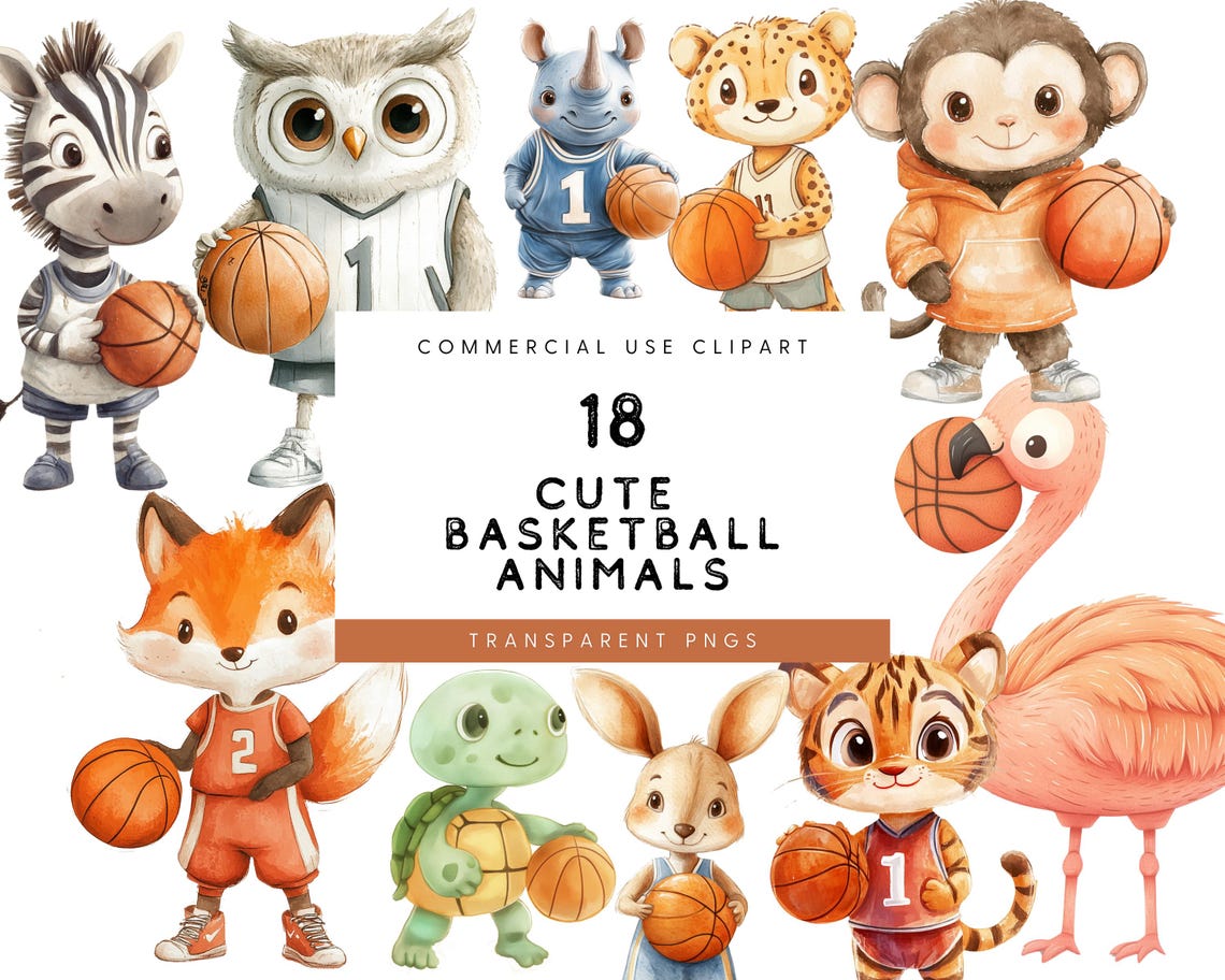Basketball Animals Clipart, Watercolor Cute Cartoon Sports Nursery ...