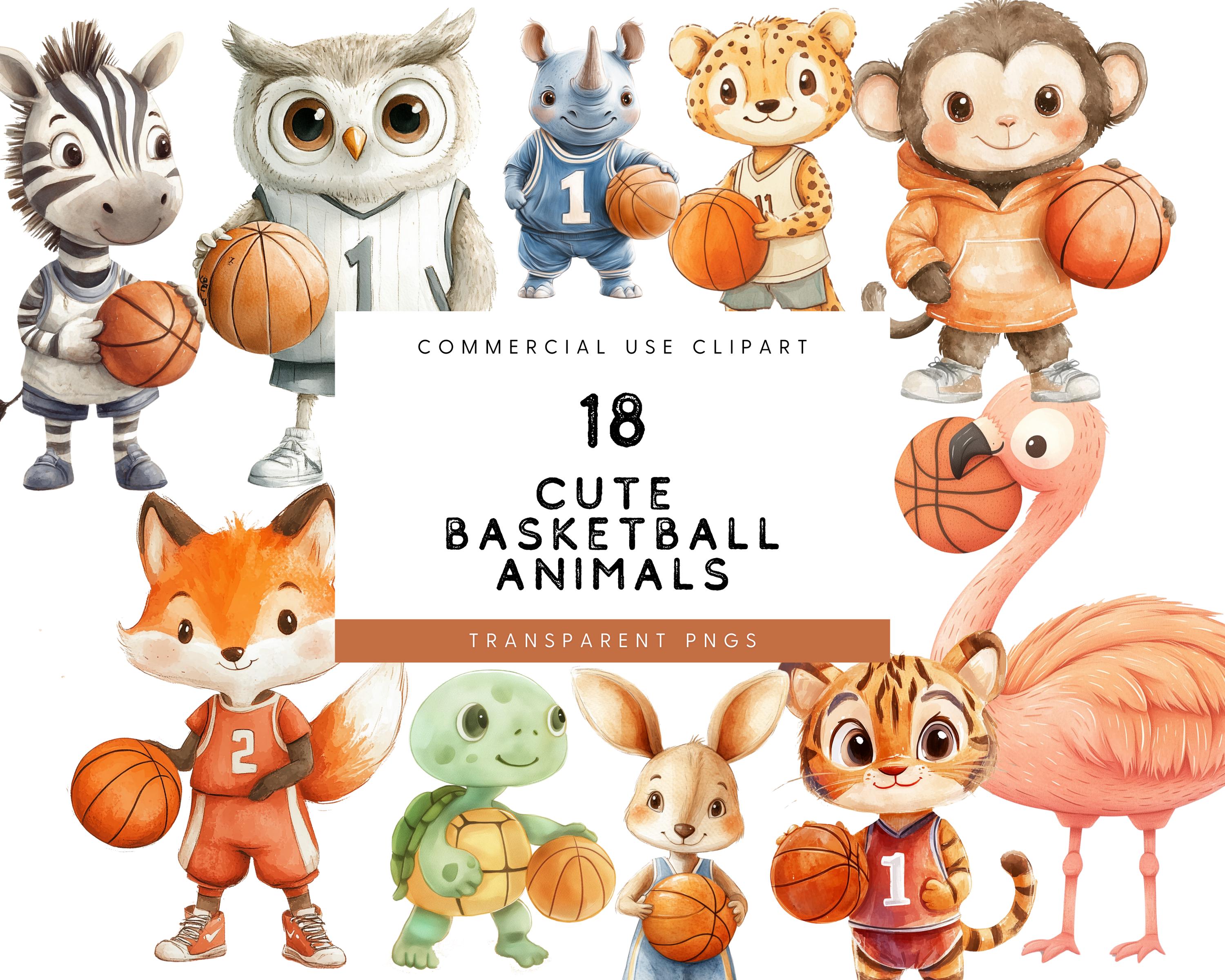 Basketball Animals Clipart, Watercolor Cute Cartoon Sports Nursery ...