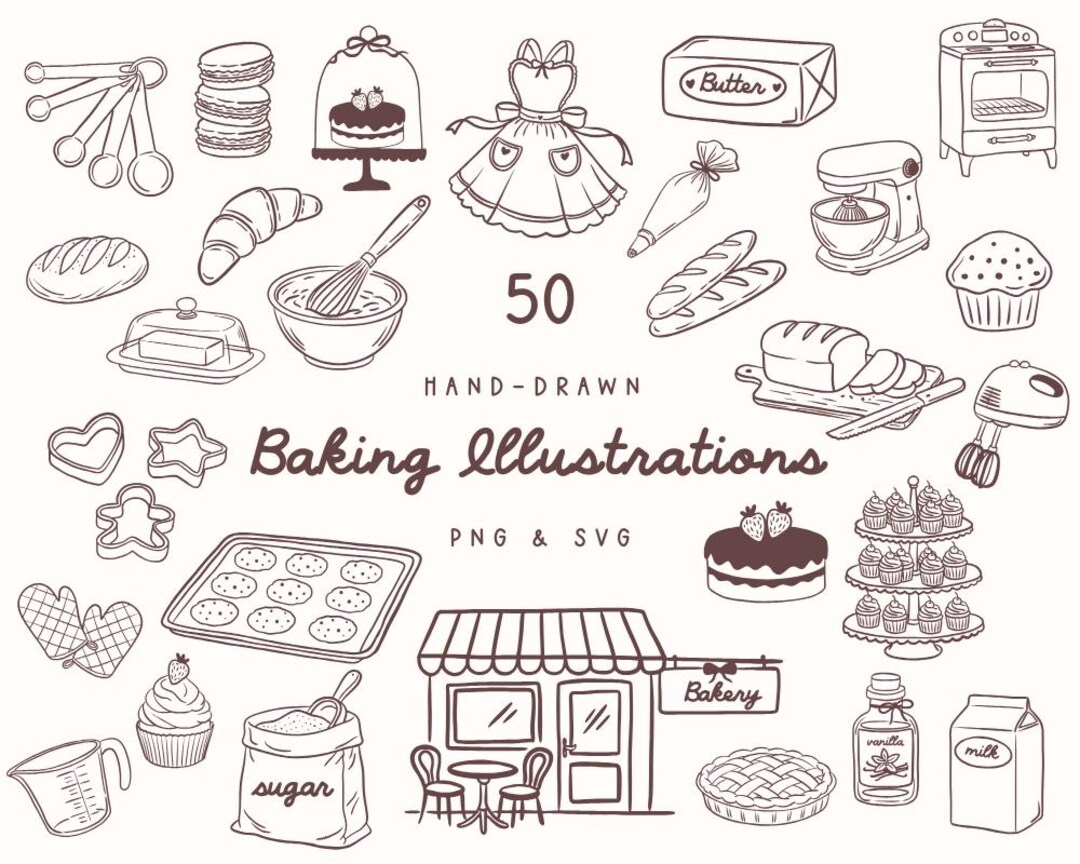 Whimsical Baking Clipart Hand Drawn SVG and PNG Bundle (digital ...