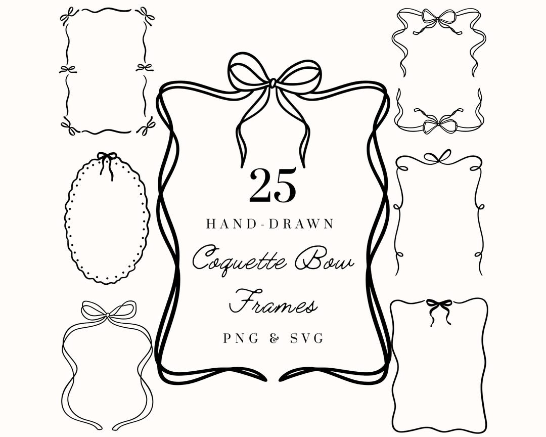 25 Whimsical Hand Drawn Coquette Bow Frames: Coquette Ribbon Bows SVG and PNG (digital Download ...