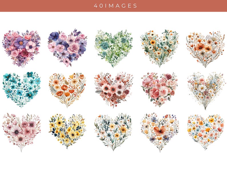Watercolor Flower Heart Wreath Clipart: Valentine's Day Pngs ...