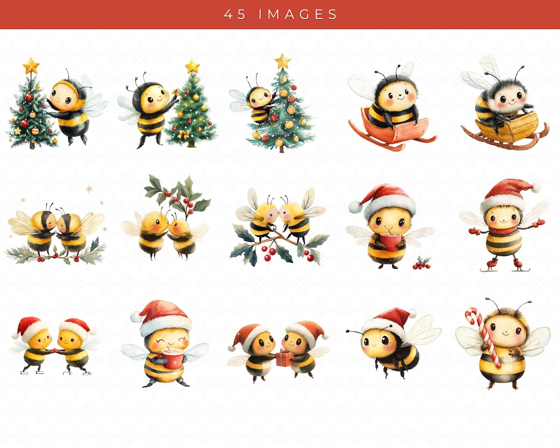 Christmas Bee Clipart, Watercolor Bee Clipart, Cute Bee Png, Cute ...