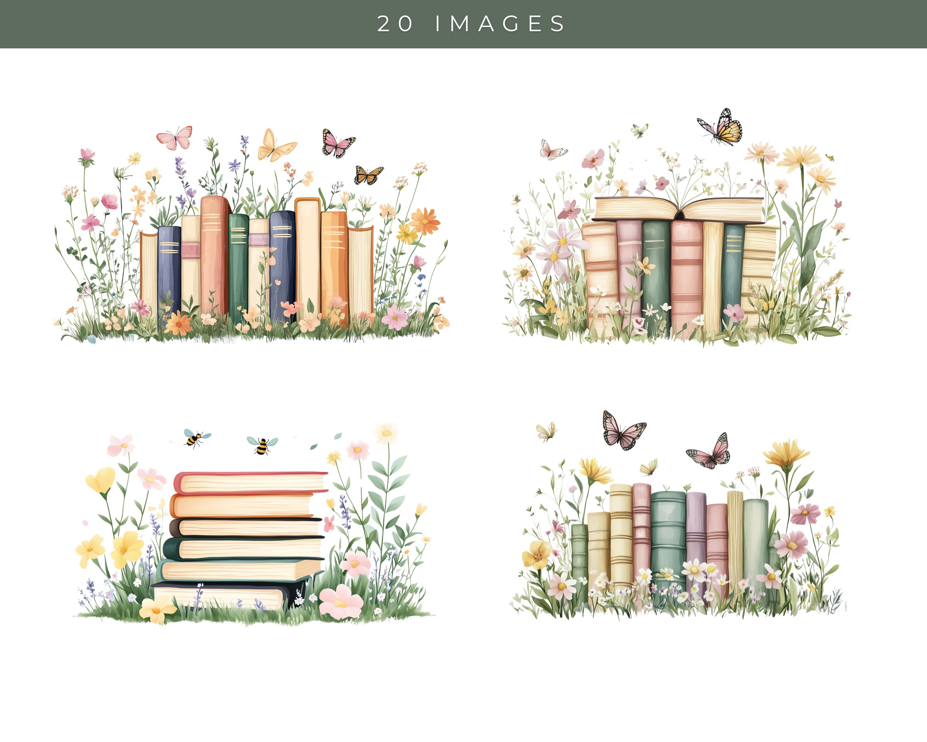 Watercolor Book Stack Clipart: Books and Flowers (commercial Use ...