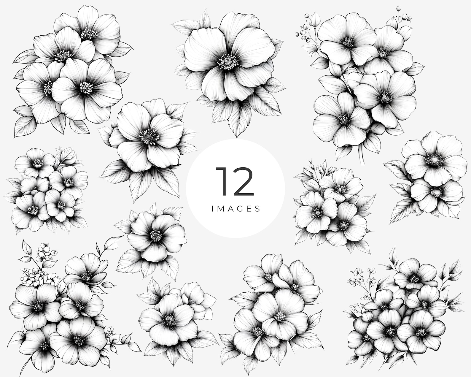 Floral Line Art Clipart, Instant Download, Black and White Clipart ...