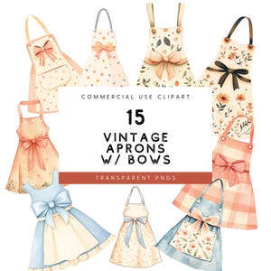 Watercolor Vintage Aprons Clipart, Womens Cute Apron Clipart, Bows ...