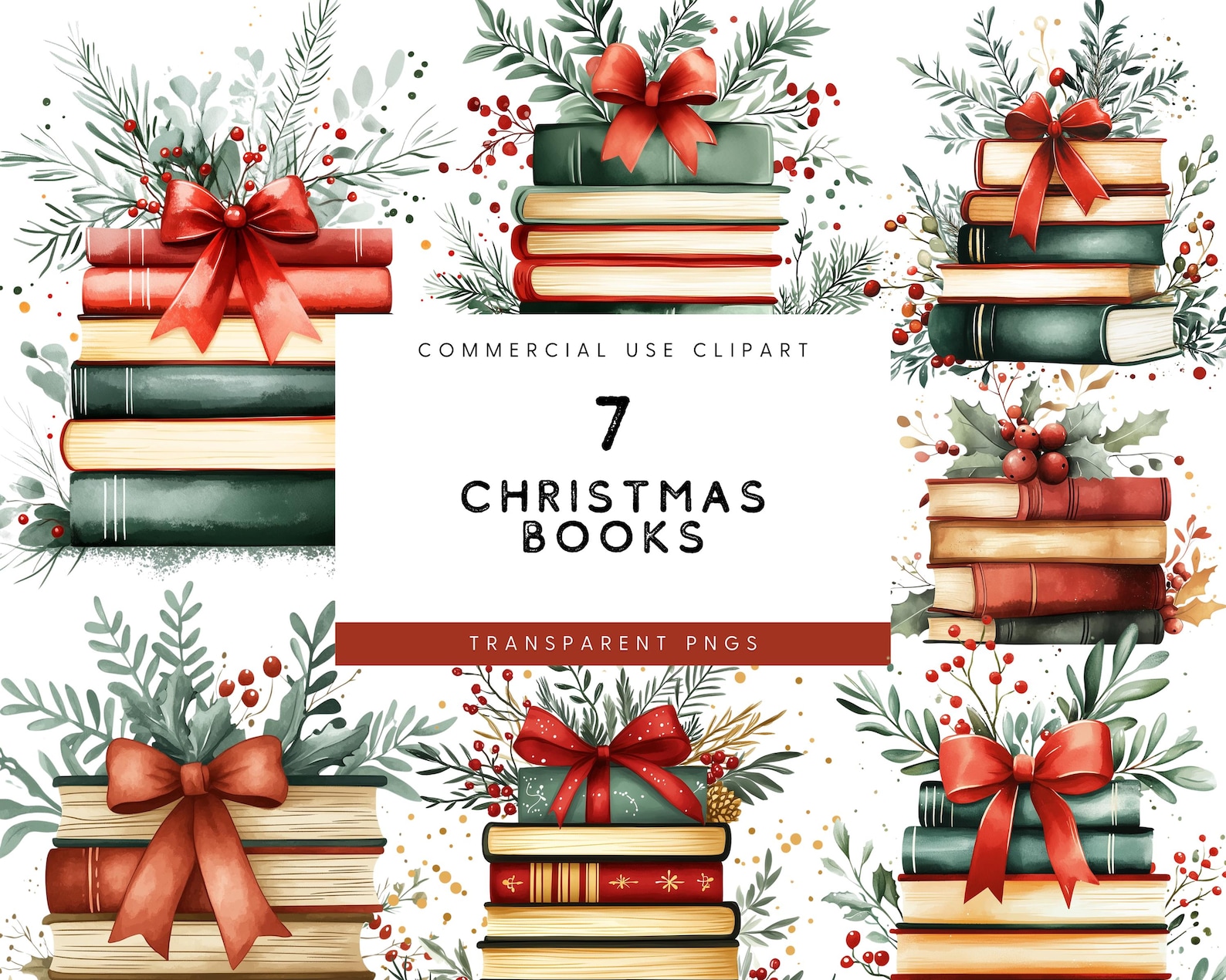 Watercolor Christmas Book Stack Clipart: Holiday PNG Set - Etsy