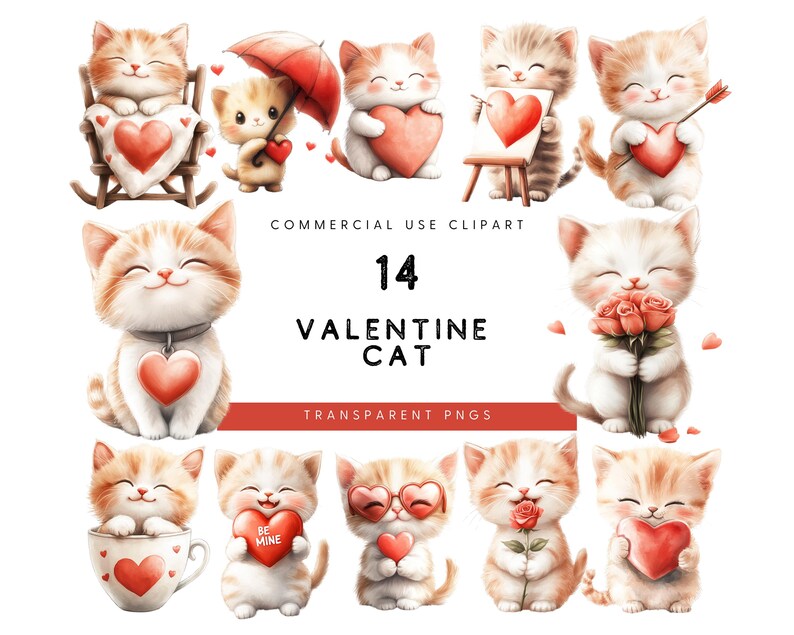 Watercolor Valentines Cat Clipart, Valentine Puppy PNG for Commercial ...