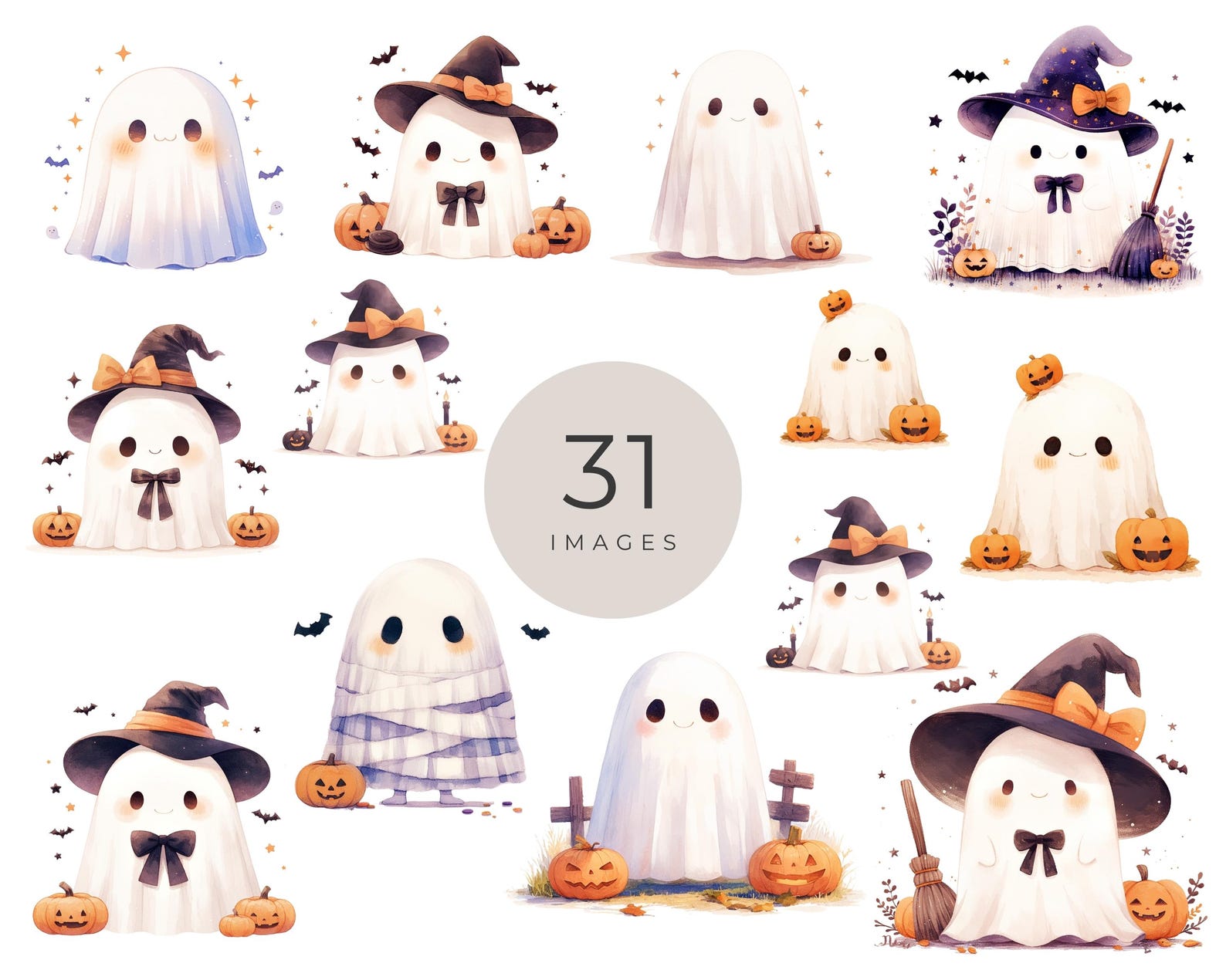 Halloween Ghosts Clipart, Cute Ghosts Clipart Set, PNG, Watercolor ...