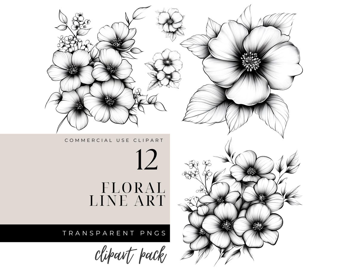 Floral Line Art Clipart: Black and White Flower Designs (instant ...