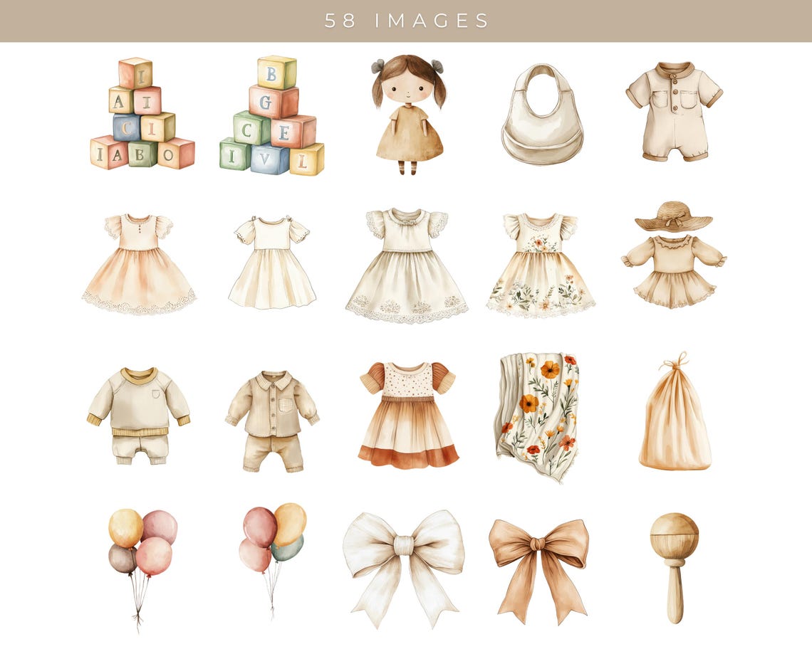Watercolor Baby Nursery Clipart: Boho Neutral Decor (PNG, 58 Files) - Etsy