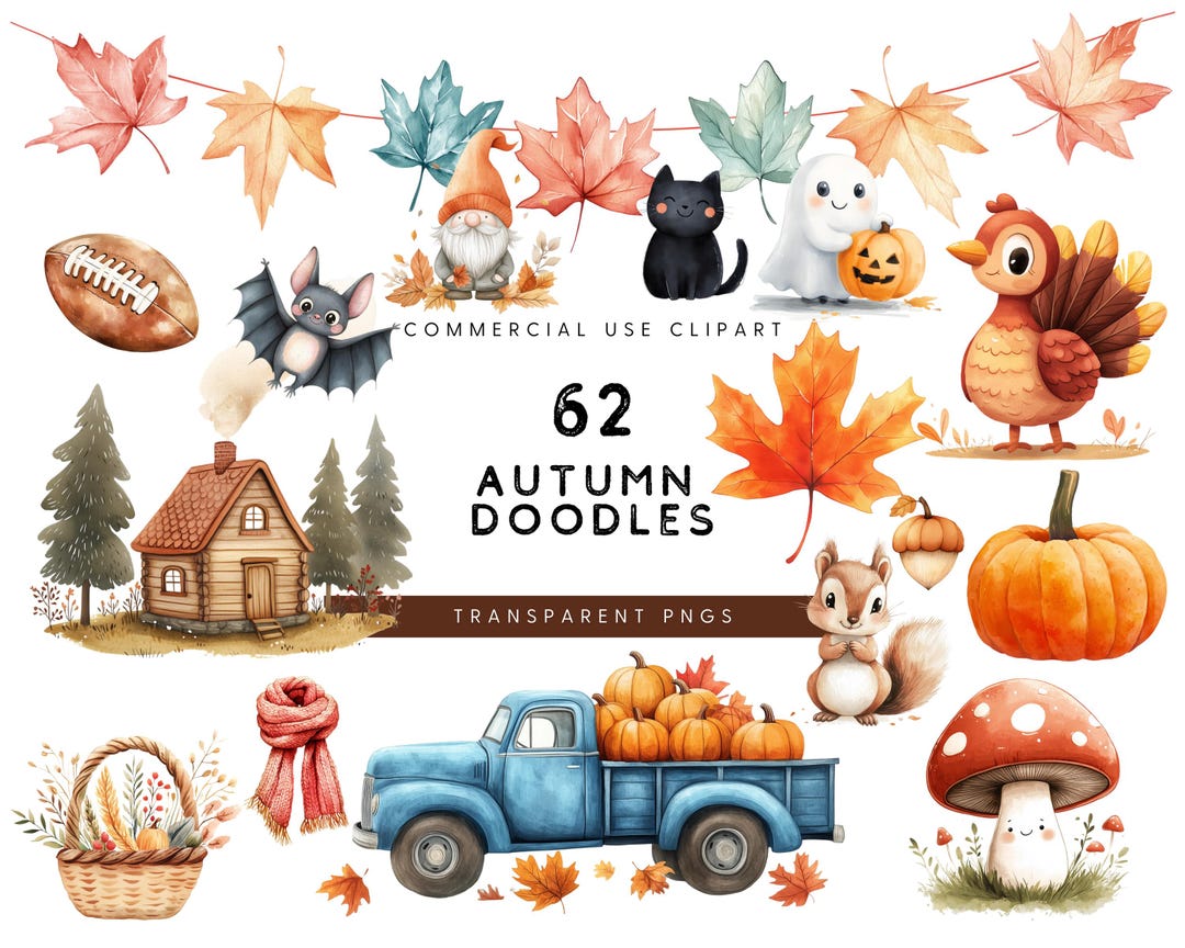 Watercolor Autumn Clipart: Cozy Fall Doodles (62 Pngs) - Etsy
