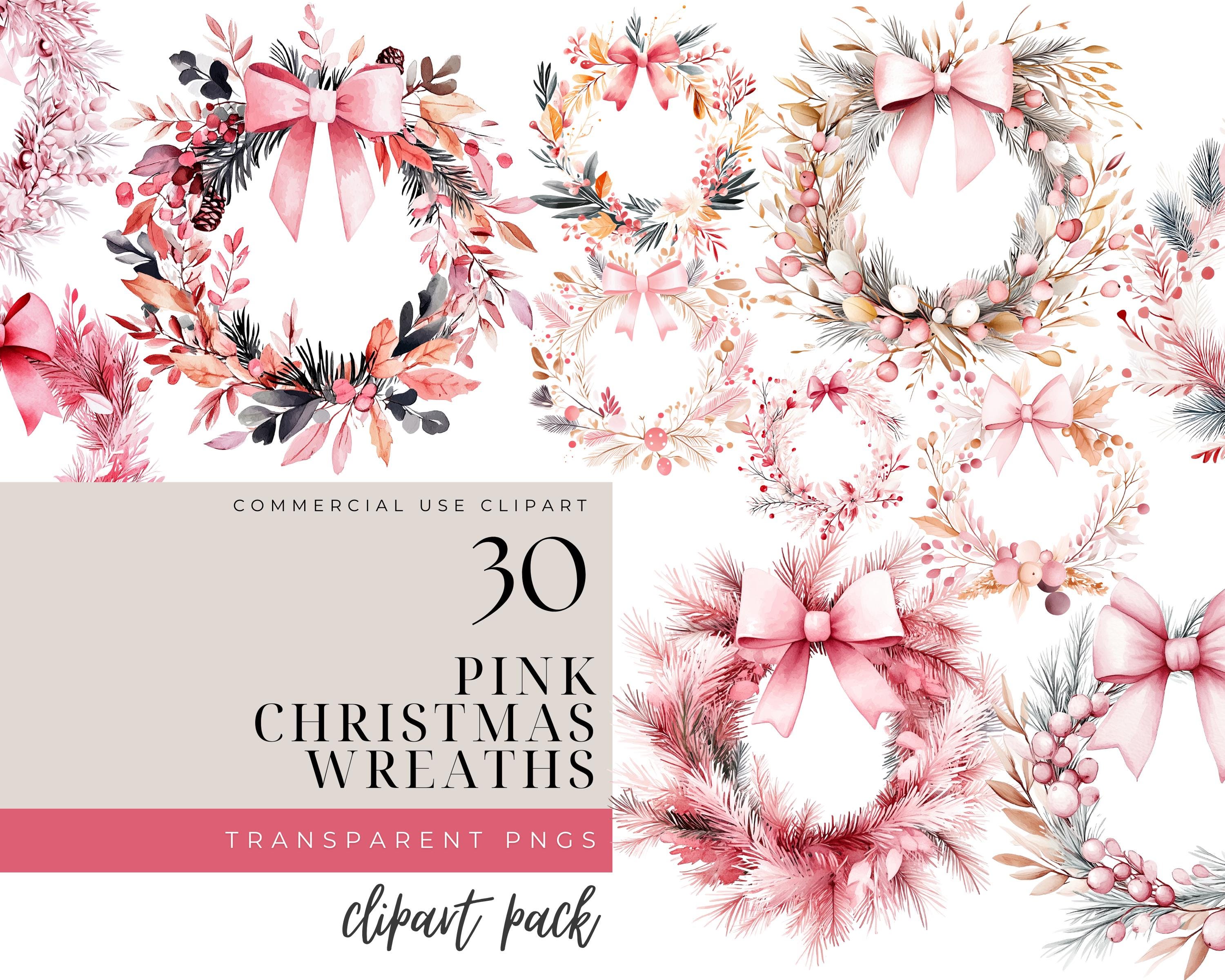 Watercolor Pink Christmas Wreath Clipart: Bows, Floral Pngs (digital ...