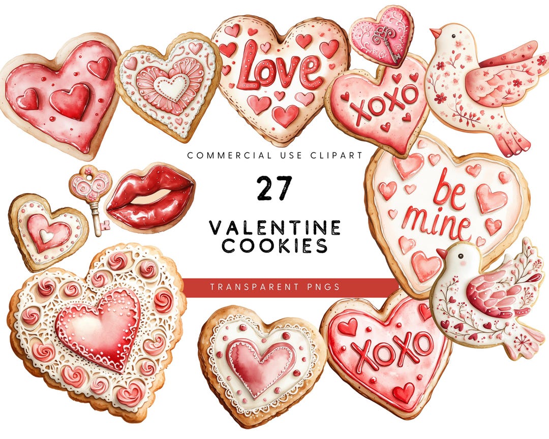 Watercolor Valentine's Cookies Clipart: Heart PNG Set (commercial Use ...
