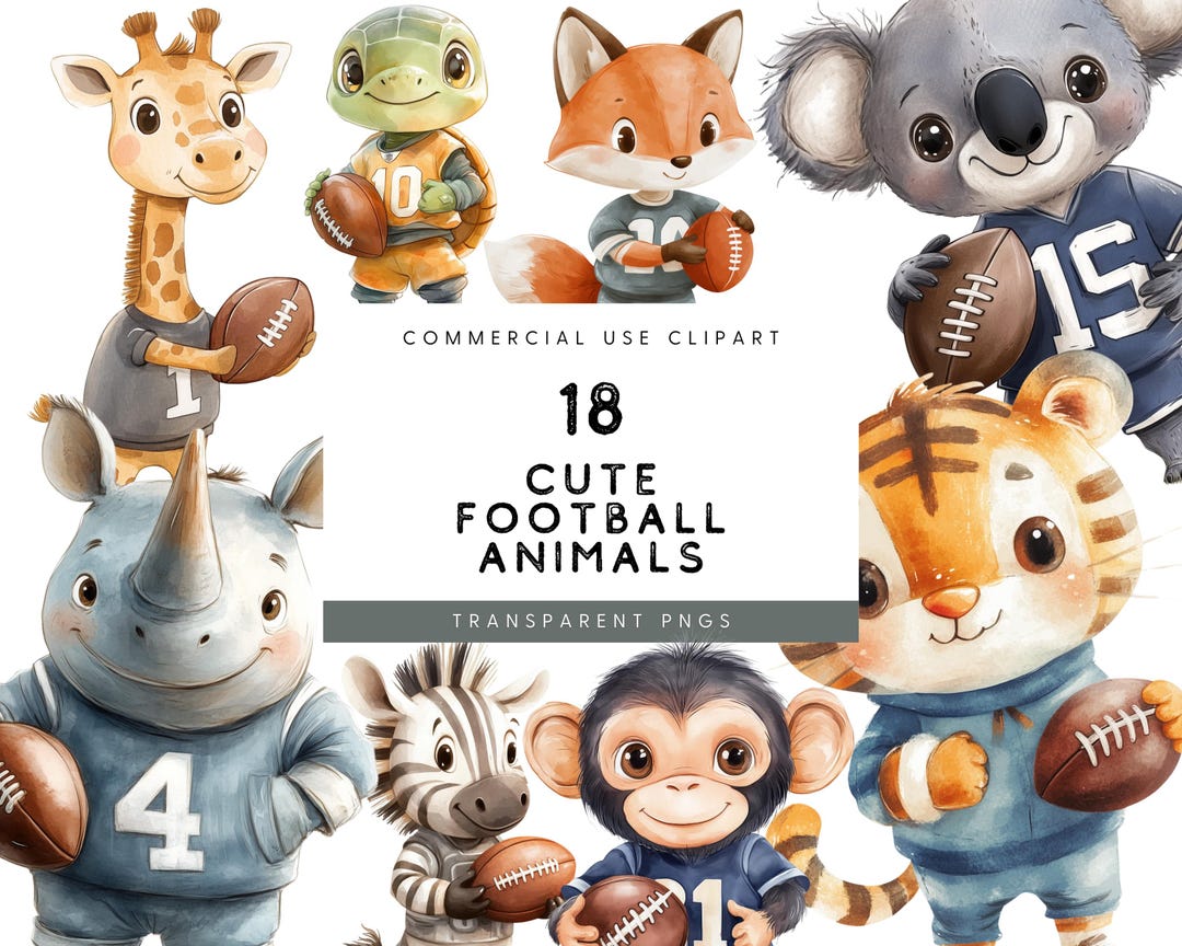 Football Animals Clipart, Watercolor Cute Cartoon Sports Nursery, Cute ...