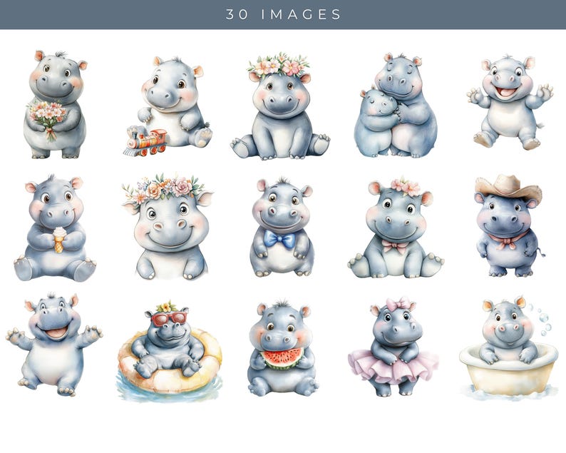 Watercolor Baby Hippo Clipart: Nursery PNG Graphics (commercial Use) - Etsy