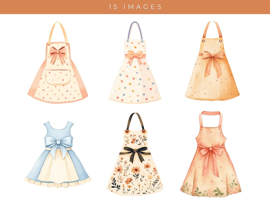 Watercolor Vintage Aprons Clipart, Womens Cute Apron Clipart, Bows ...