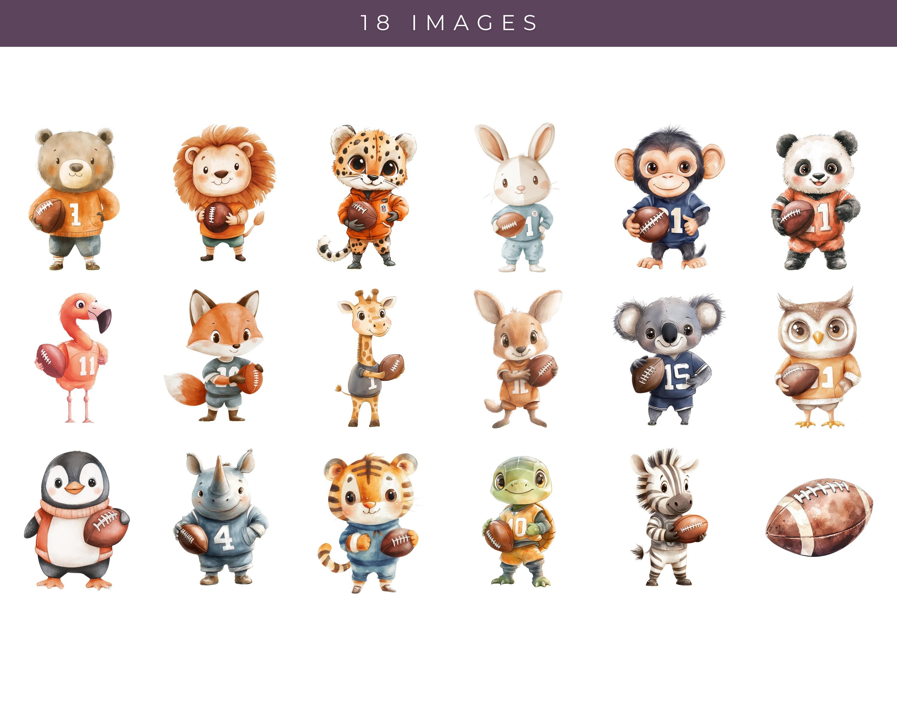 Football Animals Clipart, Watercolor Cute Cartoon Sports Nursery, Cute ...
