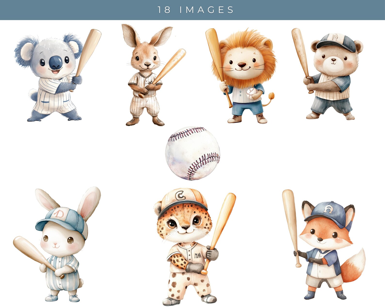 Baseball Animals Clipart, Watercolor Cute Cartoon Sports Nursery, Cute ...