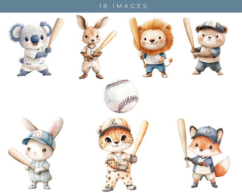 Baseball Animals Clipart, Watercolor Cute Cartoon Sports Nursery, Cute ...