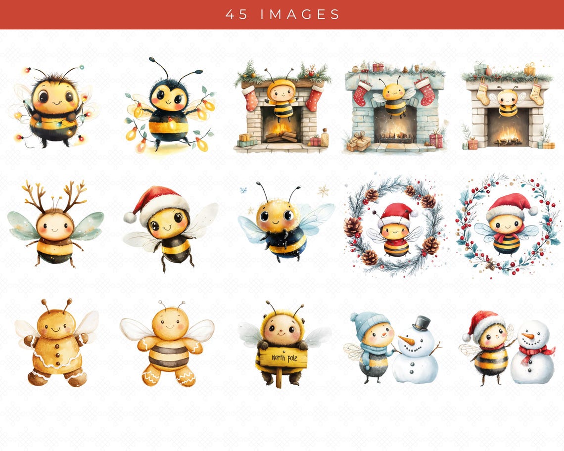 Christmas Bee Clipart, Watercolor Bee Clipart, Cute Bee Png, Cute ...