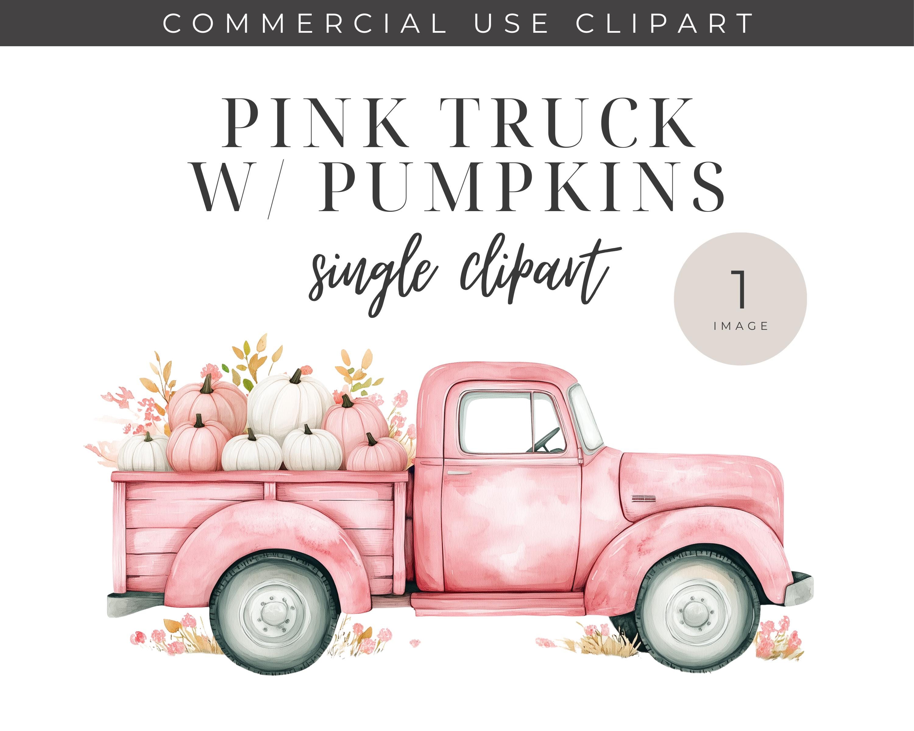 Watercolor Pink Farm Truck Clipart: Autumn Pumpkins (PNG, Commercial ...