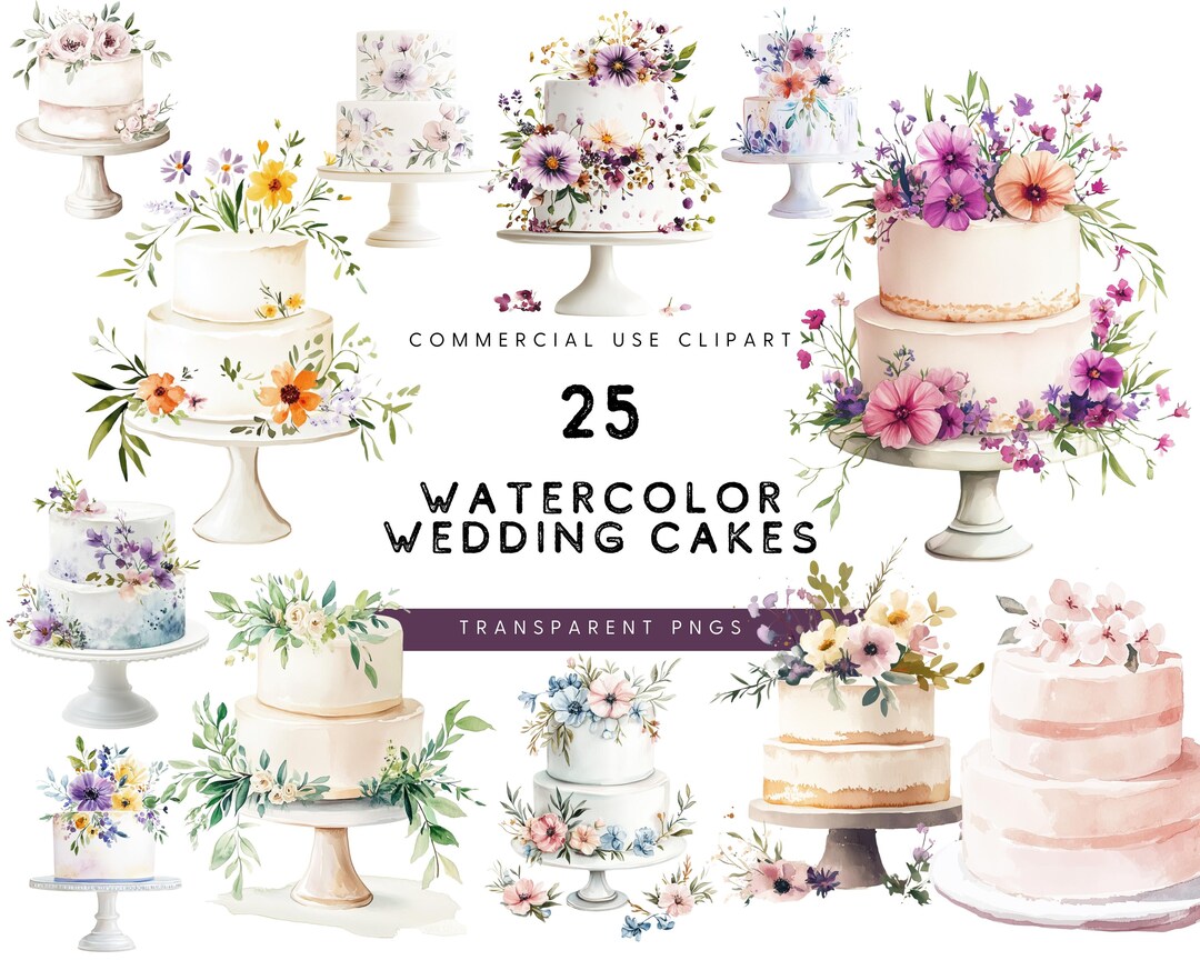 Watercolor Wedding Cake Clipart: Floral Cake PNG Set (25 Files) - Etsy