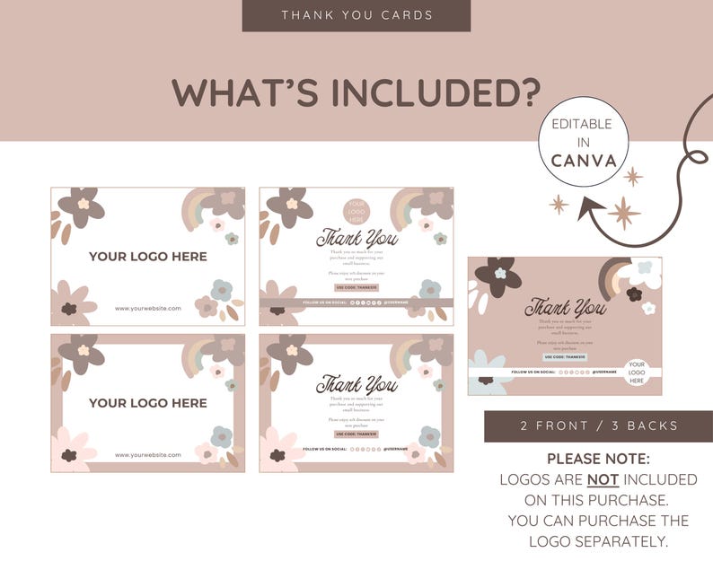 Editable Thank You Card Templates: Boho Rainbow Feminine Branding ...