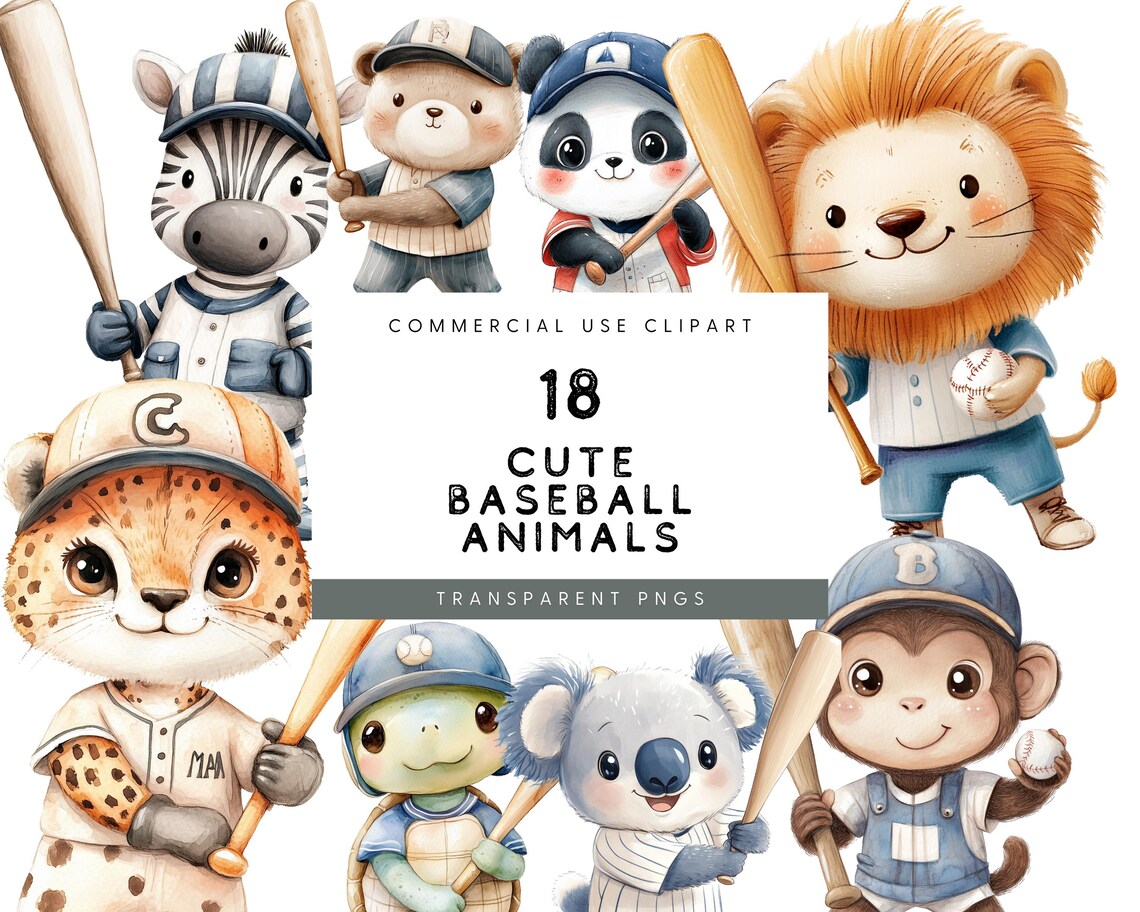 Baseball Animals Clipart, Watercolor Cute Cartoon Sports Nursery, Cute ...