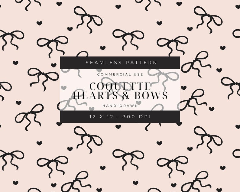 Black Hearts and Bows Seamless Pattern: Coquette Valentine's Day (PNG ...