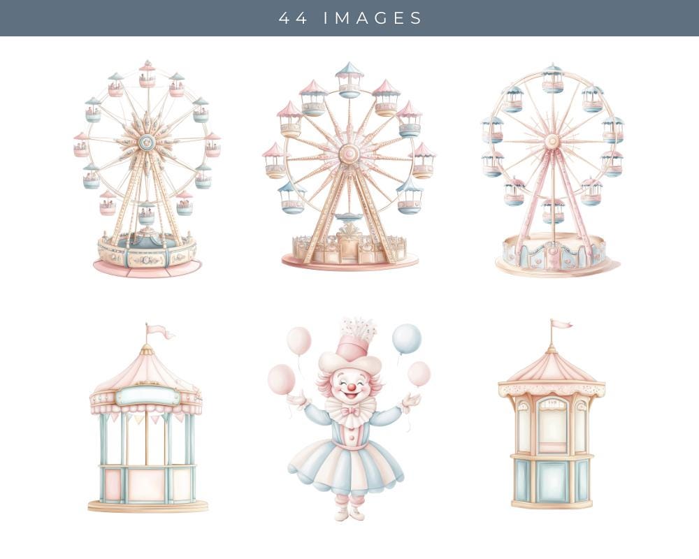 Watercolor Pastel Carnival Clipart: Vintage Circus PNG (digital ...